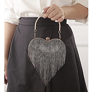 Sither Rhinestone Tassel Handbag Purses for Women Evening Handbag Purses Heart Shape Tassel Clutch Purses Sparkly Clutches Shoulder Chain Bags for Party Prom Christmas Gift (black)