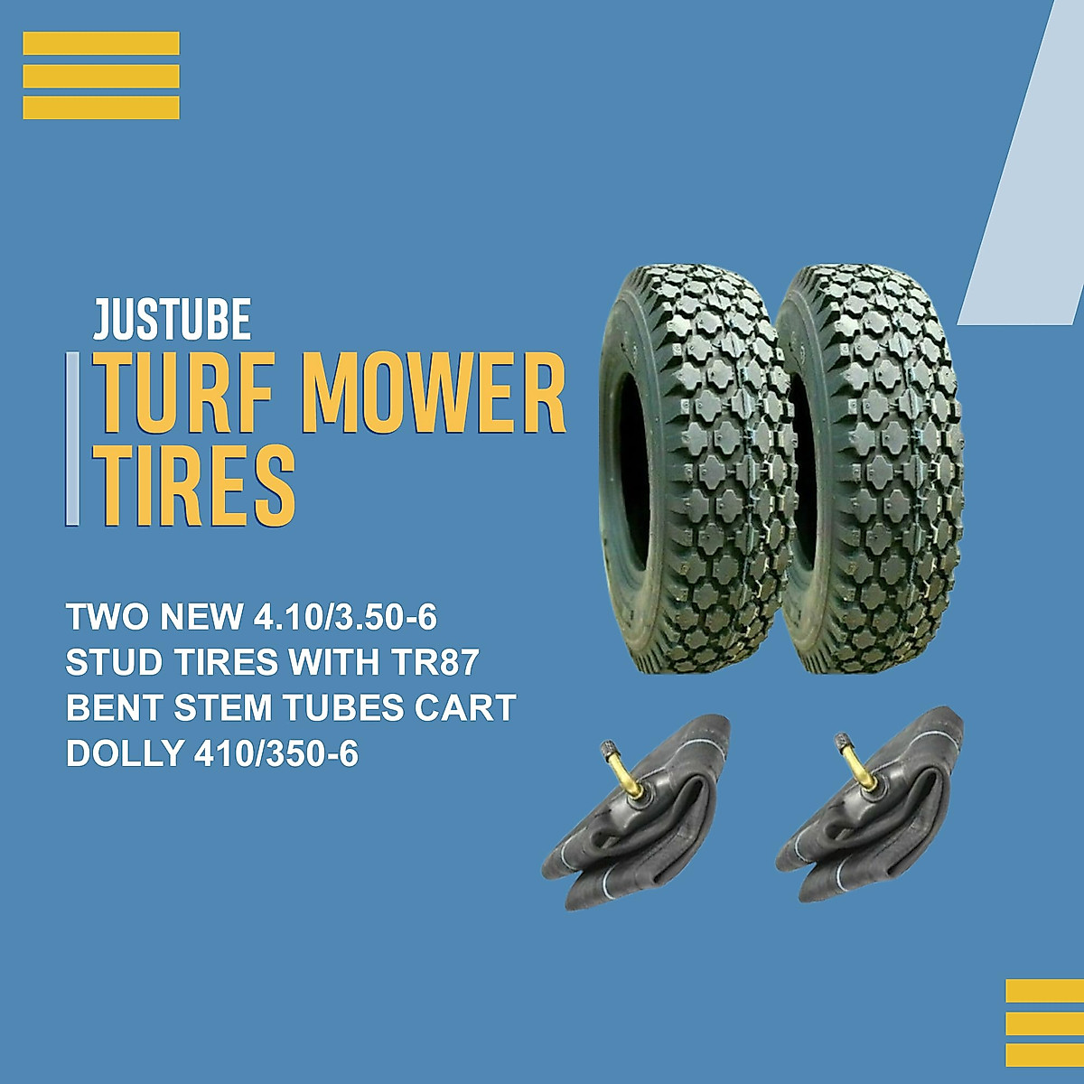 Two New 4.10/3.50-6 Stud Tires with Tr87 Bent Stem Tubes Cart Dolly 410/350-6, Enhanced Traction and Durability, Complete Tire Solution for Cart and Dolly Enthusiasts