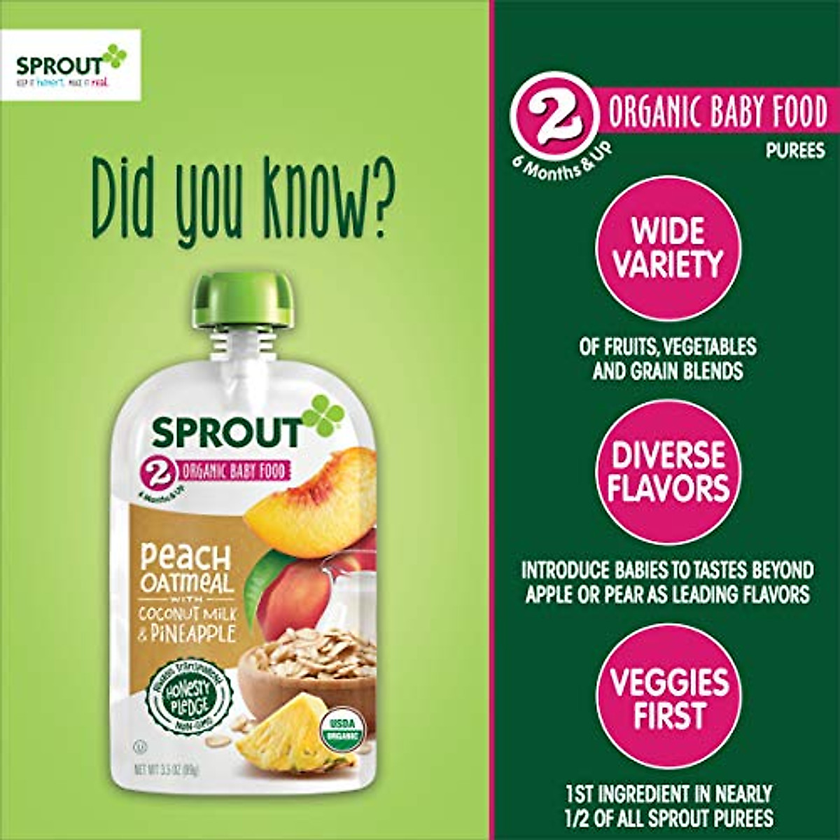 Sprout Organic Stage 2 Baby Food Pouches, Peach Oatmeal w/ Coconut Milk & Pineapple, 3.5 Ounce (Pack of 6)