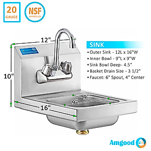 AmGood Stainless Steel Wall Mount Hand Sink 12" x 16" | NSF Commercial Hand Washing Basin with Faucet For Restaurant, Kitchen and Home | Bowl Size: 9" x 9"