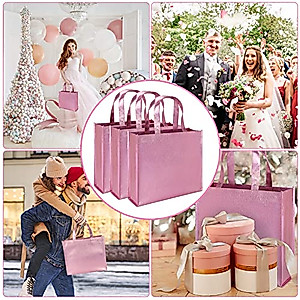 PHOGARY 12 Large Gift Bags with Handles (Pink), Stylish Tote Bags for Birthday Wedding Party Favor Christmas Present Wrap, Reusable Glossy Grocery Bags, non-woven fabric