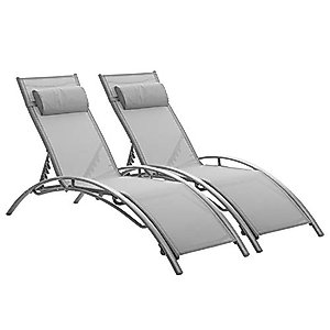 Set of 2 Outdoor Patio Chaise Lounge Chairs,Beach Pool Reclining Adjustable Lounge Chair with Headrest for Patio Beach Yard Pool