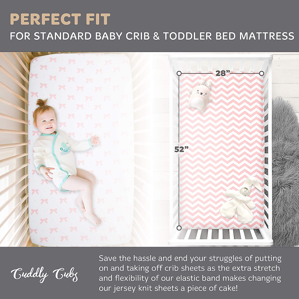 Baby Crib Sheets Girl 2 Pack | Jersey Cotton Fitted Crib Sheet Set and Toddler Bed Sheets | Pink Baby Girl Crib Sheets | Standard Crib and Toddler Bed Mattress Size 28 x 52 Inch