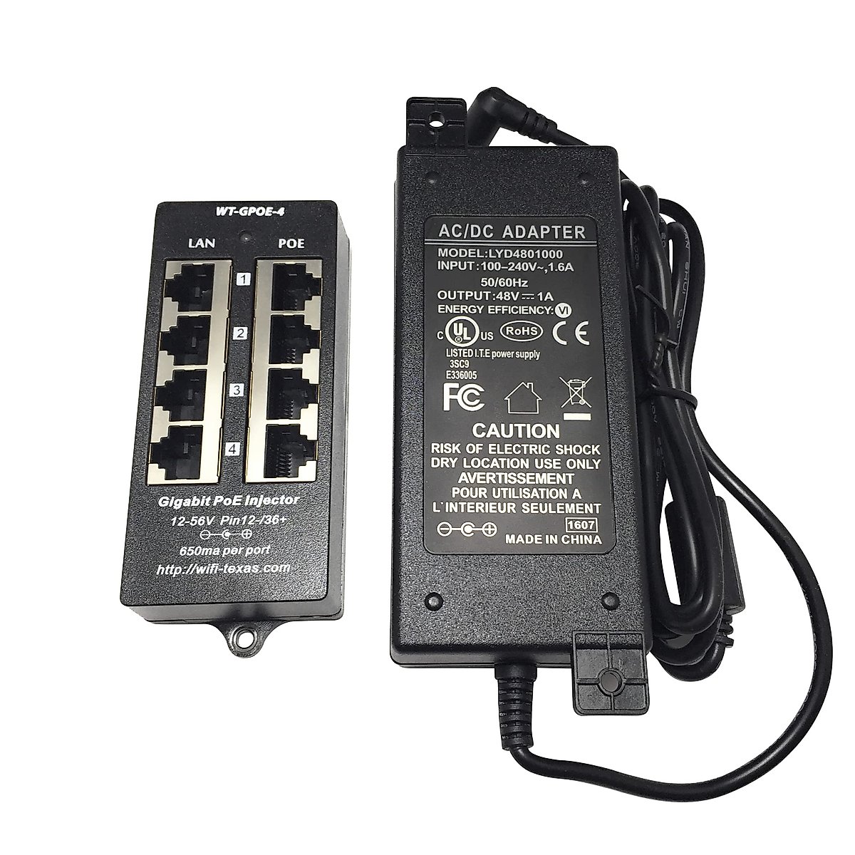 PoE Texas 4 Port PoE Injector - Gigabit Passive Power Over Ethernet with 48V 48W UL Power Supply - 802.3af PoE Injector for VoiP Phones, WiFi Access Points, IP Cameras - Add PoE to Any Switch