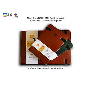 BAOHONG Watercolor Journal, PU Leather Cover, 24 Sheets Sized 6.2" x 9.4", Hot Press Academy Grade BAOHONG Watercolor Paper, 100% Cotton 140 lb (300 GSM), Travel Sketch Book