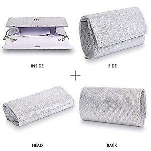 Larcenciel Clutch Purses for Women, Shiny Sequin Envelope Clutch Evening Bag w/Chain, Fashion Shoulder Crossbody Handbags, Elegant Party Prom Purse Bride Wedding Guest Clutch Dress Carry on Bag-Silver