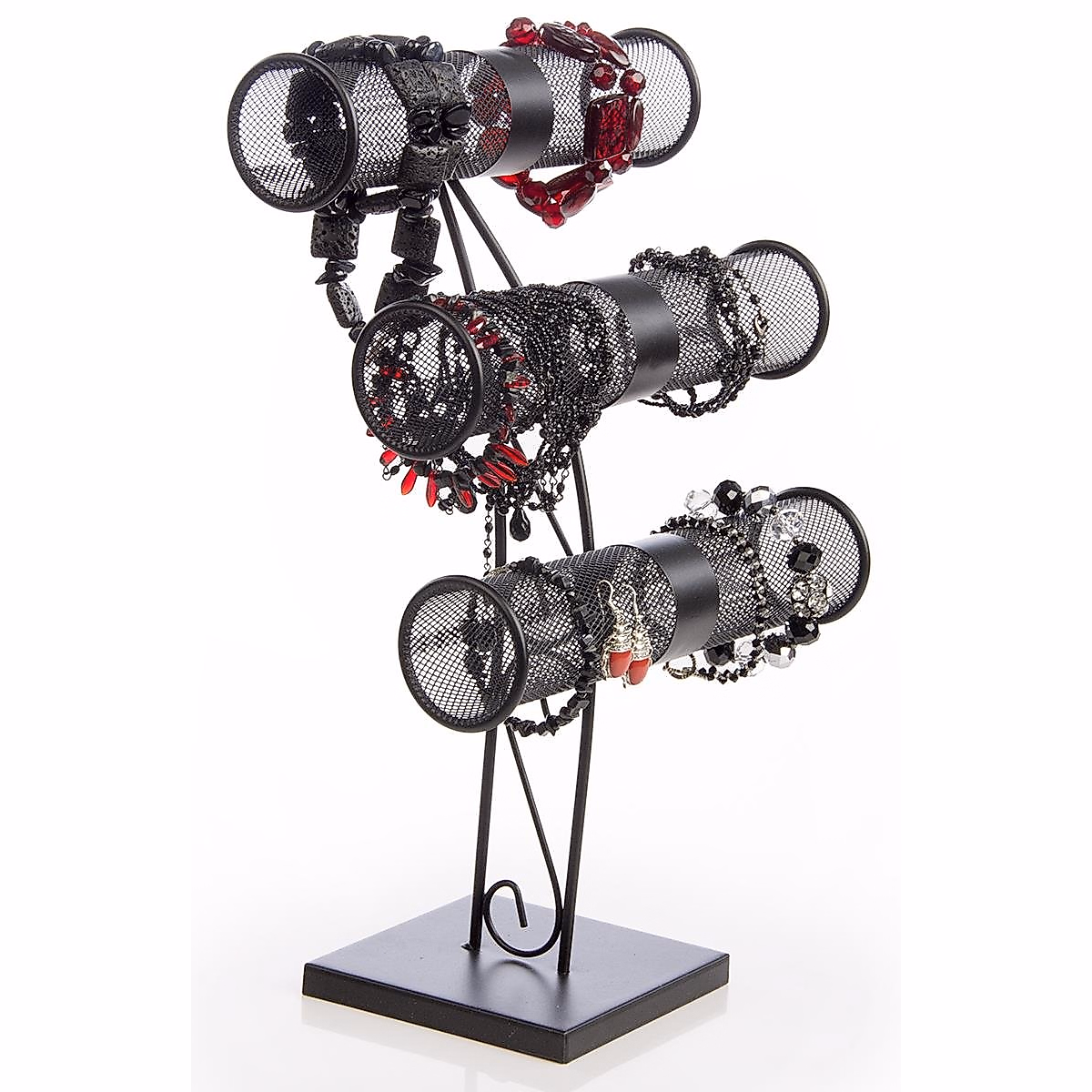 Displays2go Three Tiered Display Stand for Bracelets Necklaces Earrings Watches, Black, 6-Pack