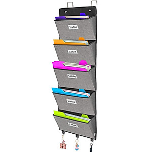homyfort Over the Door File Organizer, Wall Hanging File Folders with 5 Large Pocket for Mails, Magazines, Back to School Supplies,Office Chart Storage, Paper Organization (Grey)