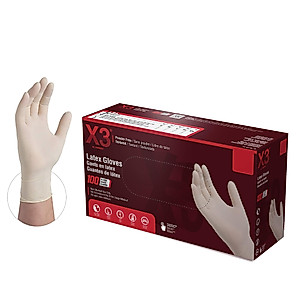 X3 Ivory Latex Disposable Industrial-Grade Gloves, 3 Mil, Powder-Free, Food-Safe, Non-Sterile, Textured, Medium, Box of 100