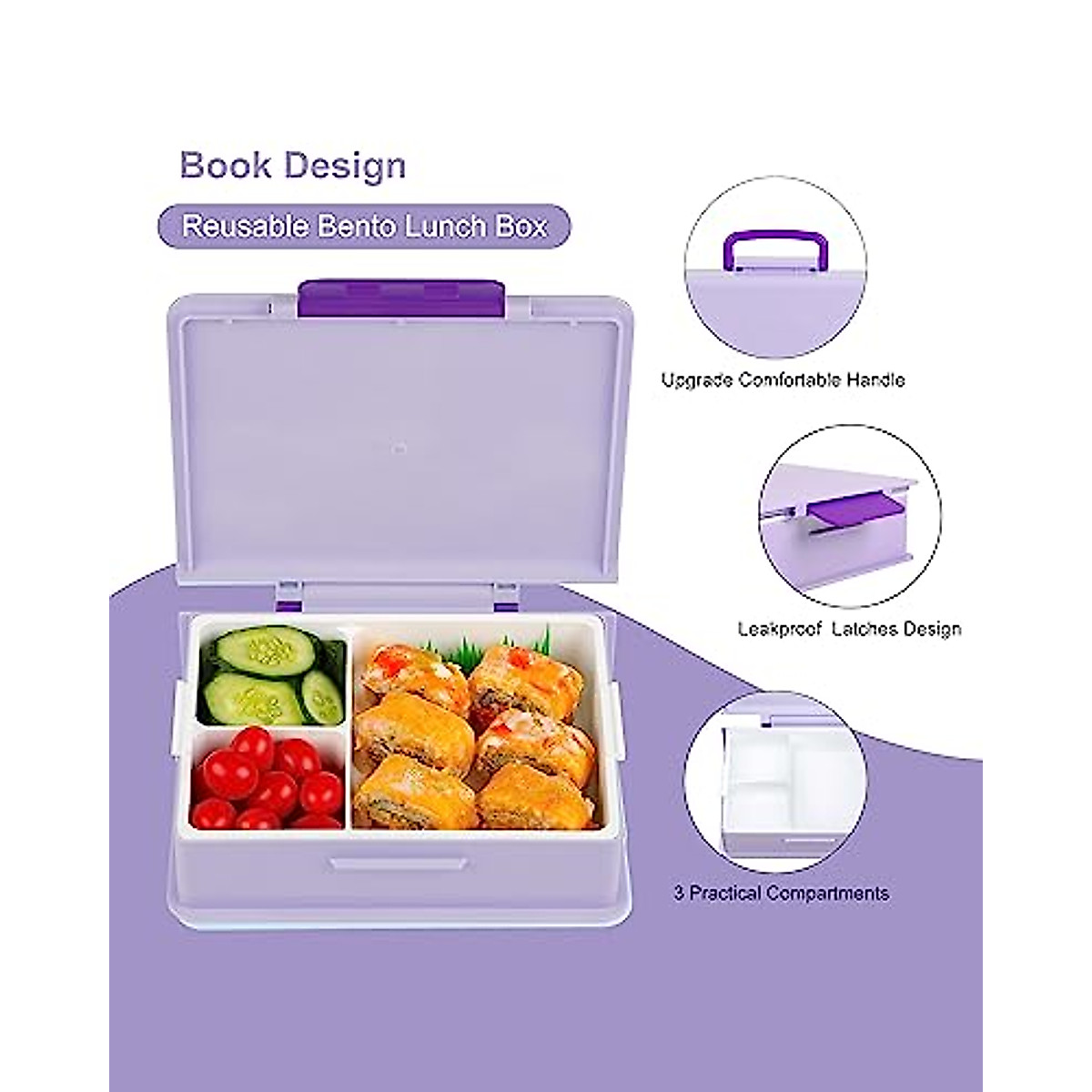 FOOYOO Bento Box Adult Lunch Box, Bento Box for Kids, 3 Compartment 1050ML Leak-Proof Bento Lunch Box for Kids, BPA-Free, Freezer, Dishwasher and Microwavable Safe (Purple)