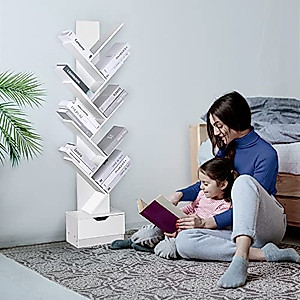 Tree Bookshelf with Wooden Drawer, 10-Tier Open Shelf Narrow Bookcase, Unique Vertical Spine Bookshelf Small Spaces, Book Shelf with Drawers Storage Organizer Shelves for Living Room, Bedroom, Library