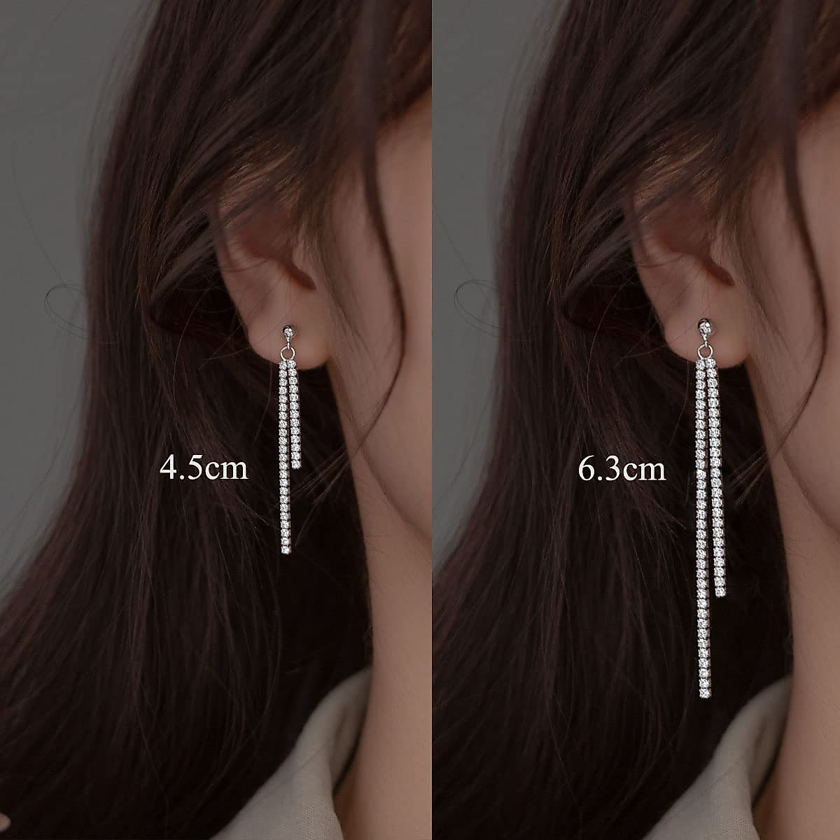 SLUYNZ Sterling Silver Crystal Rhinestone Linear Drop Earrings for Women Girls CZ Long Dangle Earrings Tassel Chain Studs (A-Silver)