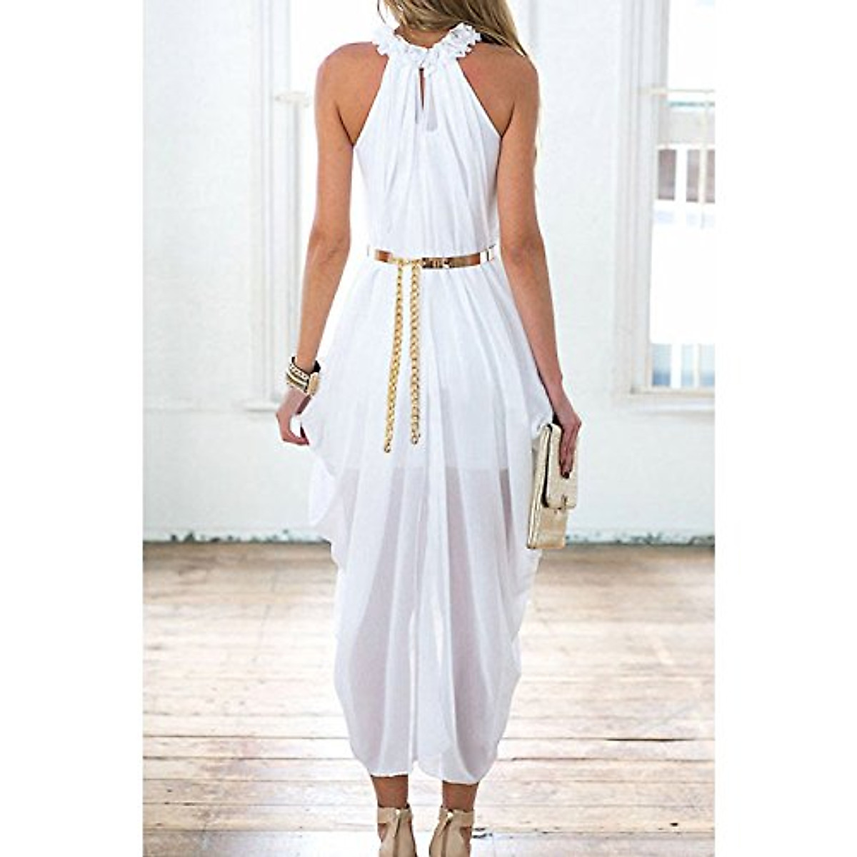 Women's Sheer Chiffon Folds Hi Low Loose Dress Delicate Gold Belt Outer Maxi Inner Mini (Large, White)