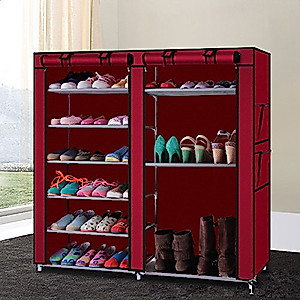 6 Tier Shoe Rack with Dustproof Cover, 27 Pairs Portable Vertical Double Row Shoe Rack Storage Organizer with Nonwoven Fabric Cover Cabinet for Closet & Entryway, Wine Red