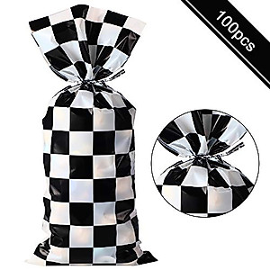 100 Pieces Cellophane Car Candy Bags Black White Checkered Racing Treat Bags Plastic Race Gift Goodie bags Food Storage Bags for with 100 Pieces Silver Twist Ties for Cars Birthday Party Decorations