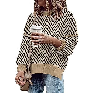 Women's Oversized Crewneck Sweaters Batwing Long Sleeve Side Slit Ribbed Knit Pullover Sweater Tops C-Khaki