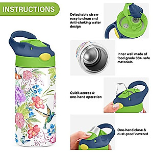 Flower Birds Kids Water Bottle with Straw Lid - 12 oz Double Wall Vacuum Insulated Stainless Steel Water Bottle Leak Proof Reusable Thermos for Toddlers, Girls, Boys