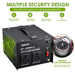 ZGROCK 1500W Voltage Converter Transformer Heavy Duty Step Up/Down- 110 / 220V- Circuit Breaker Protection