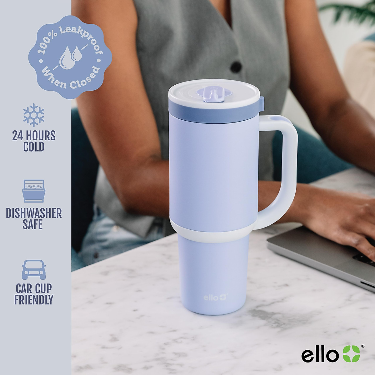 Ello Oasis 30 oz Tumbler with Handle & Retracting Straw | Reusable Insulated Stainless Steel Cup 100% Leakproof, Gifts for Teens Women Men | Keeps cold for 20 Hours, Cup Holder Friendly, Twilight