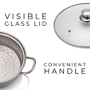 Jovely Dio Bacco 10.6"(27cm) Stainless Steel Steamer Pot Set for Cooking with 14"(35cm) Reusable Natural Pure Round Cotton Steamer Liner, 2 Quart Steamer Insert and Glass Vented Lid - 3 Piece Pack