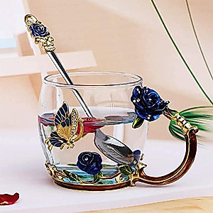 NOVIIML els Butterfly Flower Tea Cup, Glass Coffee Mugs with Spoon, Valentines Mothers Day Graduation Christmas Gifts for Women Wife Mom Her Grandma Girls Teacher Friends, Birthday Present Idea