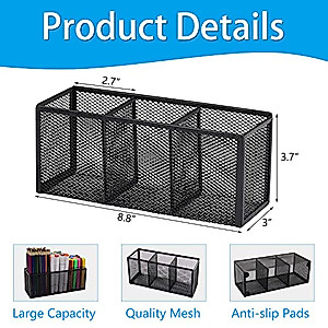 Flytreal Black Mesh Pen Pencil Holder, Small Metal Desk Organizer Desktop Stationery Office Supplies Acessories Storage Stand, 3 Compartments Brushes Holder for Home School Classroom Teachers