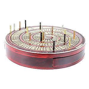 House of Cribbage - Cribbage Board Spiral Design Round Shape 4 Tracks Bloodwood/Maple with Place for Skunks, Corners & Won Games