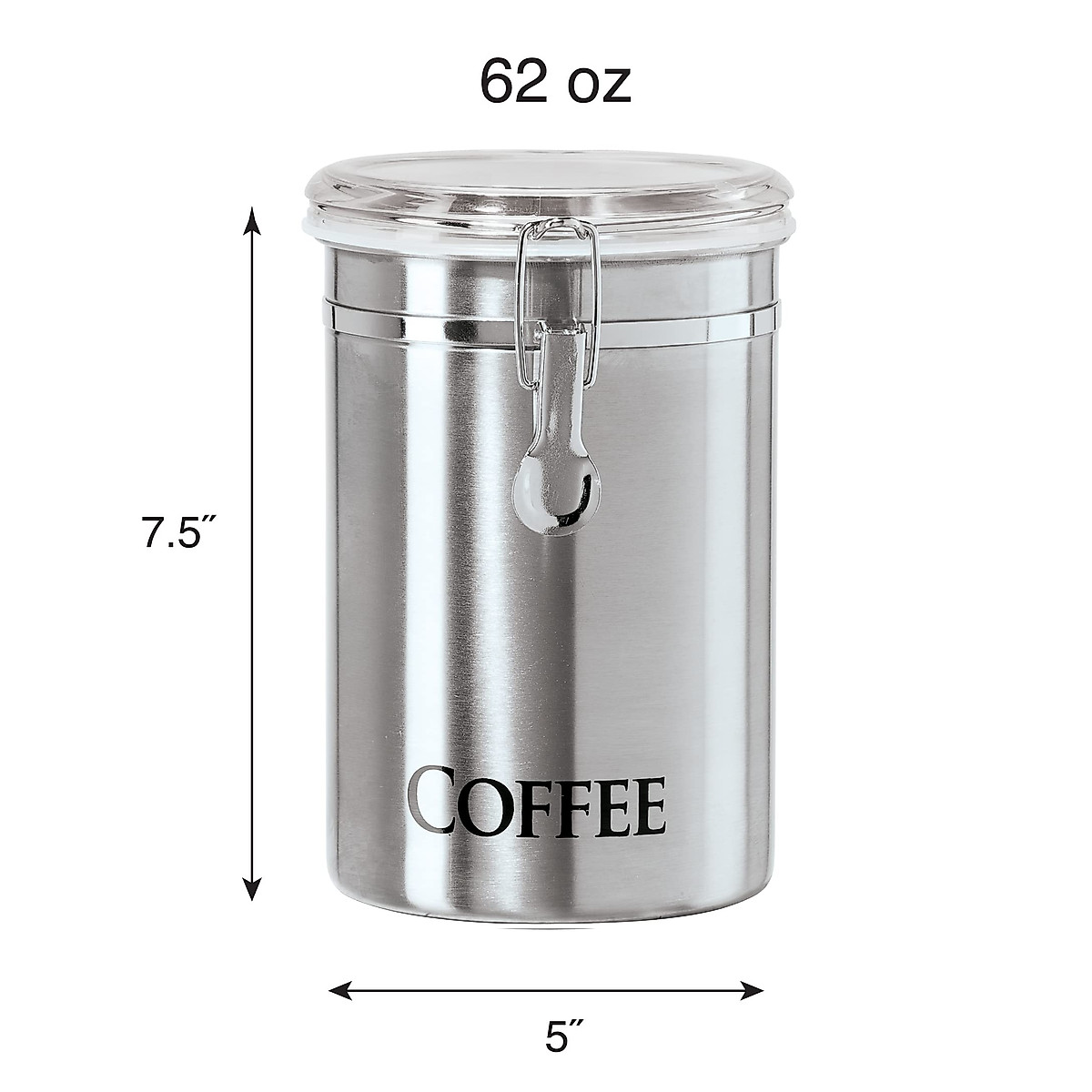 OGGI Stainless Steel Canister 62oz - Airtight Clamp Lid, Clear See-Thru Top - Ideal for Coffee Bean/Ground Coffee /Kitchen/ Pantry Storage. Large Size 5" x 7.5".