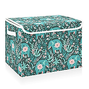 CaTaKu Floral Elephants Green Storage Bins with Lids and Handles, Fabric Large Storage Container Cube Basket with Lid Decorative Storage Boxes for Organizing Clothes