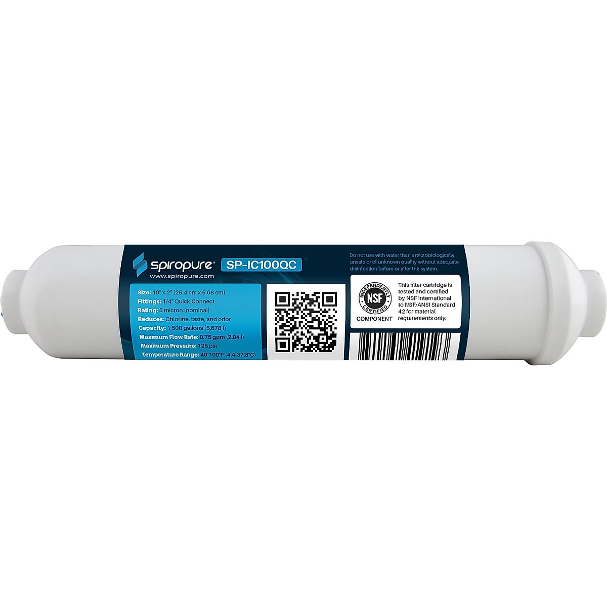 SpiroPure Inline Filter NSF Coconut Shell Granular Carbon Water Filter with 1/4" Quick-Connect, 2" x 10" (1 Pack)