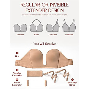 Wingslove Women's Deep Plunge Strapless Bra Multiway Push up Low-Cut Wireless Bras Red Carpet Convertible Clear Back（Brown,36B）