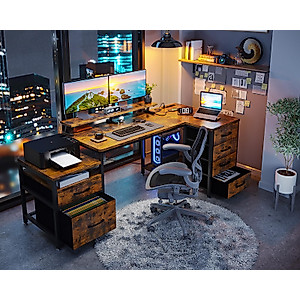 AODK L Shaped Desk with 6 Drawers & Power Outlet, 72 Inch Computer Desk with File Drawer & Printer Storage Shelves, Reversible Desk with Monitor Shelf for Home Office, Rustic Brown