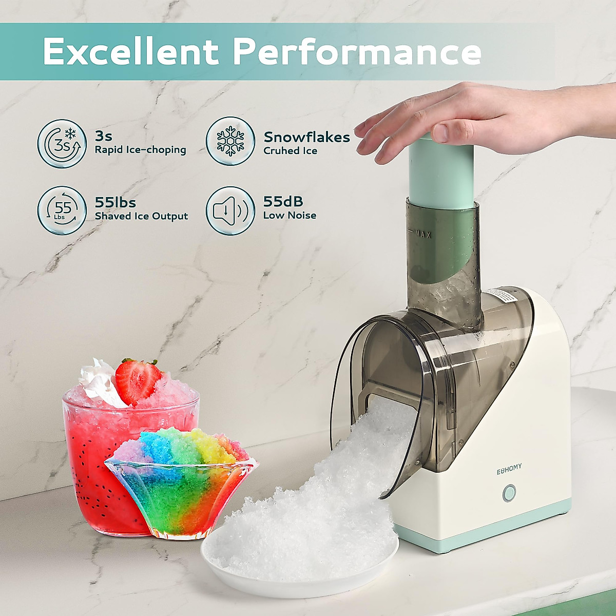 EUHOMY Shaved Ice Machine with Batteries, USB Rechargeable, Crushed Ice in 3s, 45 lbs in 40 Mins, Dual Steel Blades, Easy-to-Clean, Snow Cone Maker with Scraper, for Home/Kitchen/Camping. (White)