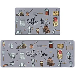 Alishomtll 2 PCS Kitchen Rugs and Mats,Cushioned Anti-Fatigue Kitchen Rugs, Waterproof Non-Slip Kitchen Mats, Washable Coffee Time Kitchen Mats for Floor Kitchen Laundry Office (17.3"x30"+17.3"x47")