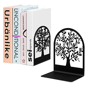Bookends, Book Ends, Metal Bookend, Tree of Life bookend, Bookends for Shelves, Home Decorative Bookends for Heavy Books, Black Non-Skid Book Stopper, 7 x 5.5 x 3.5 inch (1 Pair)