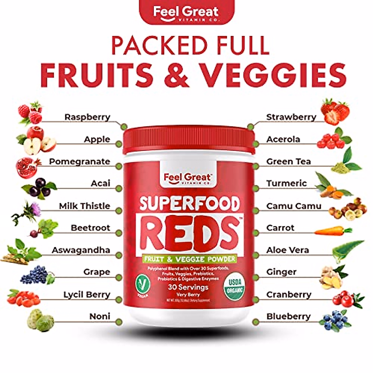 Superfood Reds Powder Fruit & Veggie Powder by Feel Great Vitamin Co. | Reds Superfood Powder with Beet Root Powder, Polyphenols, & Enzymes | Fruit Vegetable Supplements | Berry Flavor, (30 Servings)