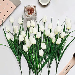 Ruidazon 6 Bundles Tulips Artificial Flowers,30 Heads Outdoor Artificial Tulip Faux Plastic Greenery Shrubs Plants UV Resistant for Easter Home Outside Garden Porch Window Decor (White)
