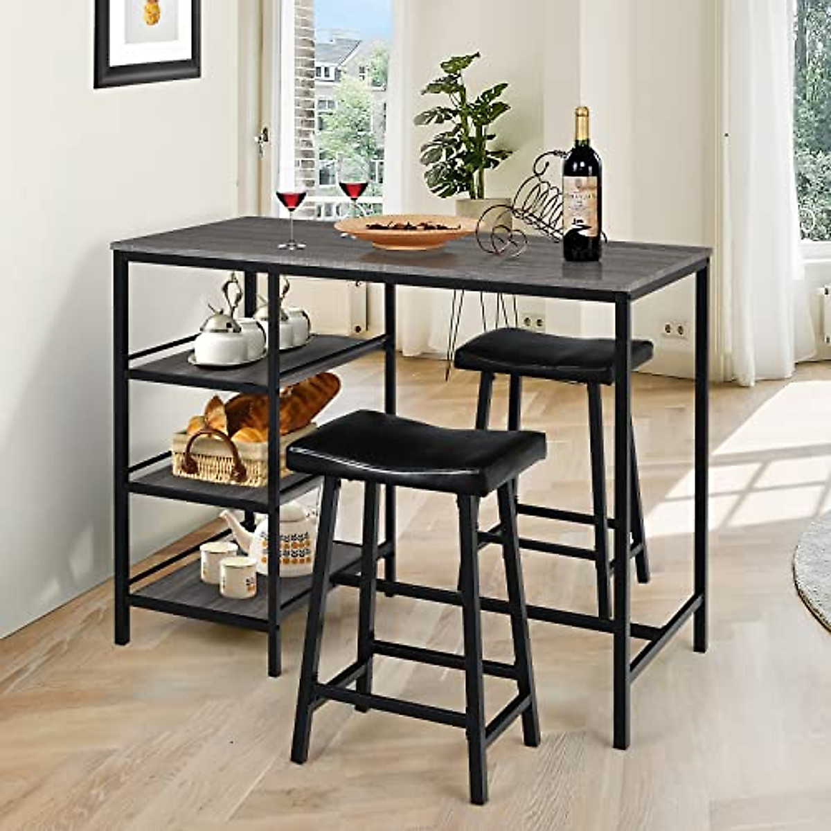 COSTWAY 3 Pieces Dining Table Set, Counter Height Pub Table Set with 2 Upholstered Bar Stools and 3 Shelves, Industrial Kitchen Table Set for Living Room, Restaurant