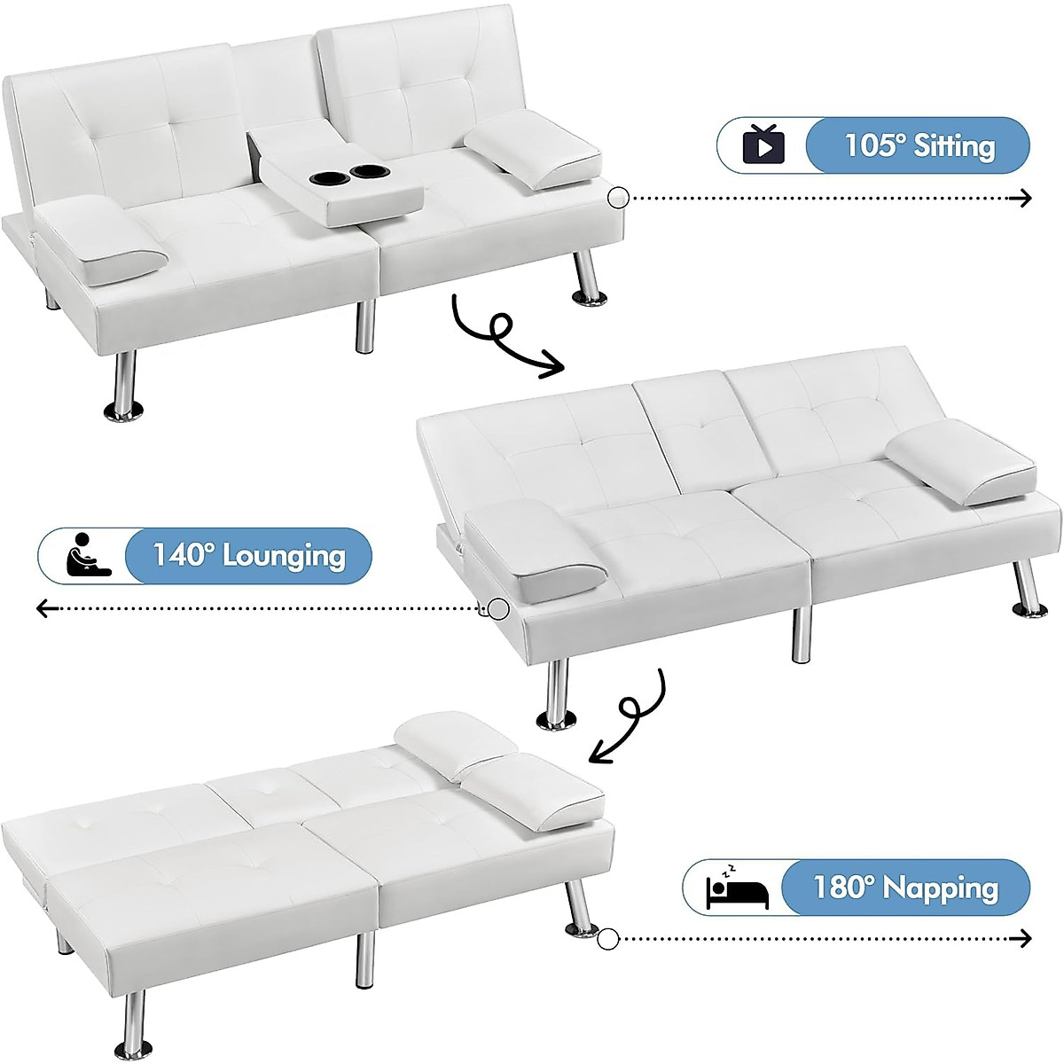 Convertible Folding Futon Sofa Bed with Metal Legs & 2 Cupholders, Modern Fabric Linen Upholstered Couch Loveseat Sleeper, Folding Couches Bed, Removable Armrests for for Small Spaces (White)