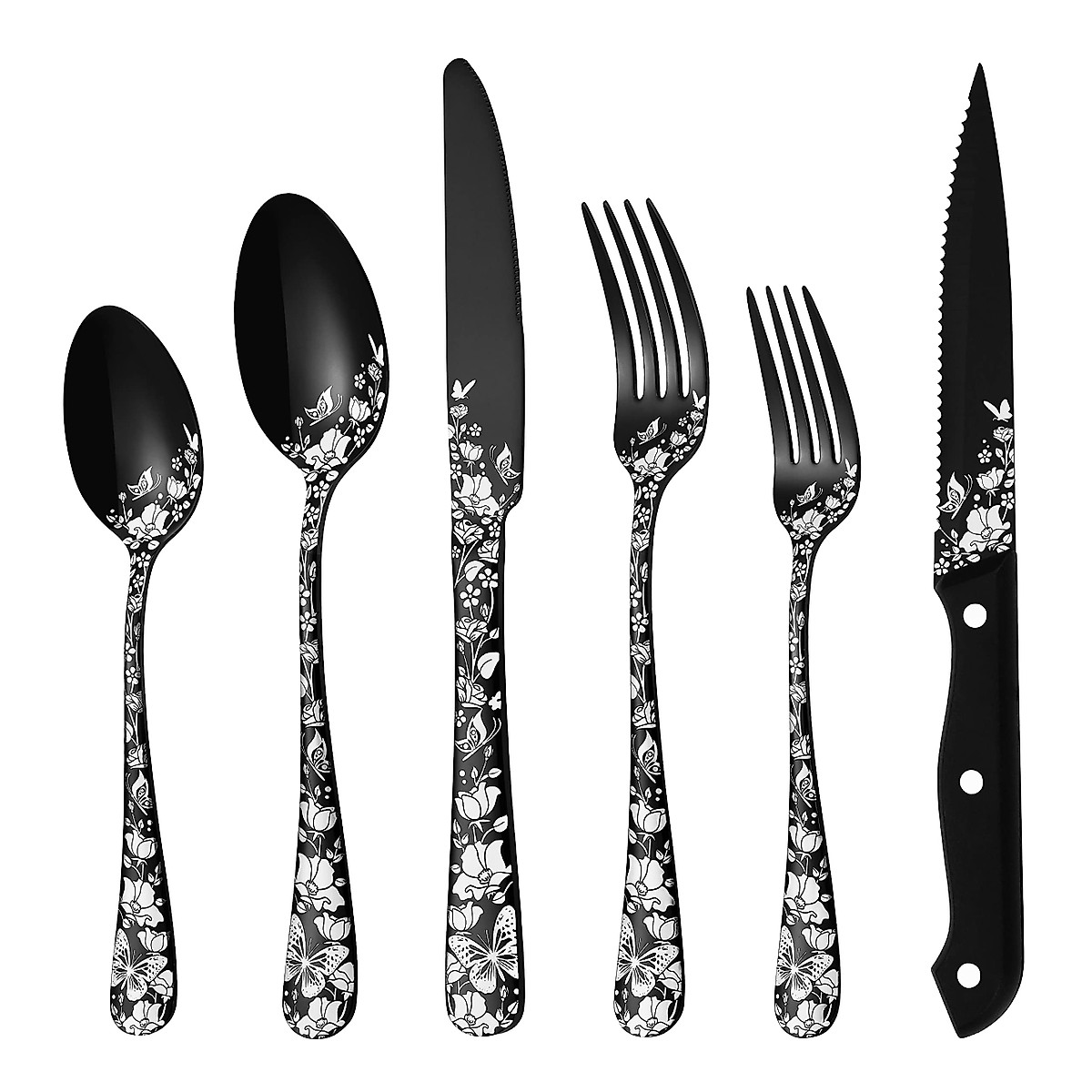 Stapava 24-Piece Black Silverware Set with Steak Knives for 4, Unique Stainless Steel Flatware Cutlery Set, Include Fork Spoon Knife Set, Mirror Polished, Dishwasher Safe Utensils