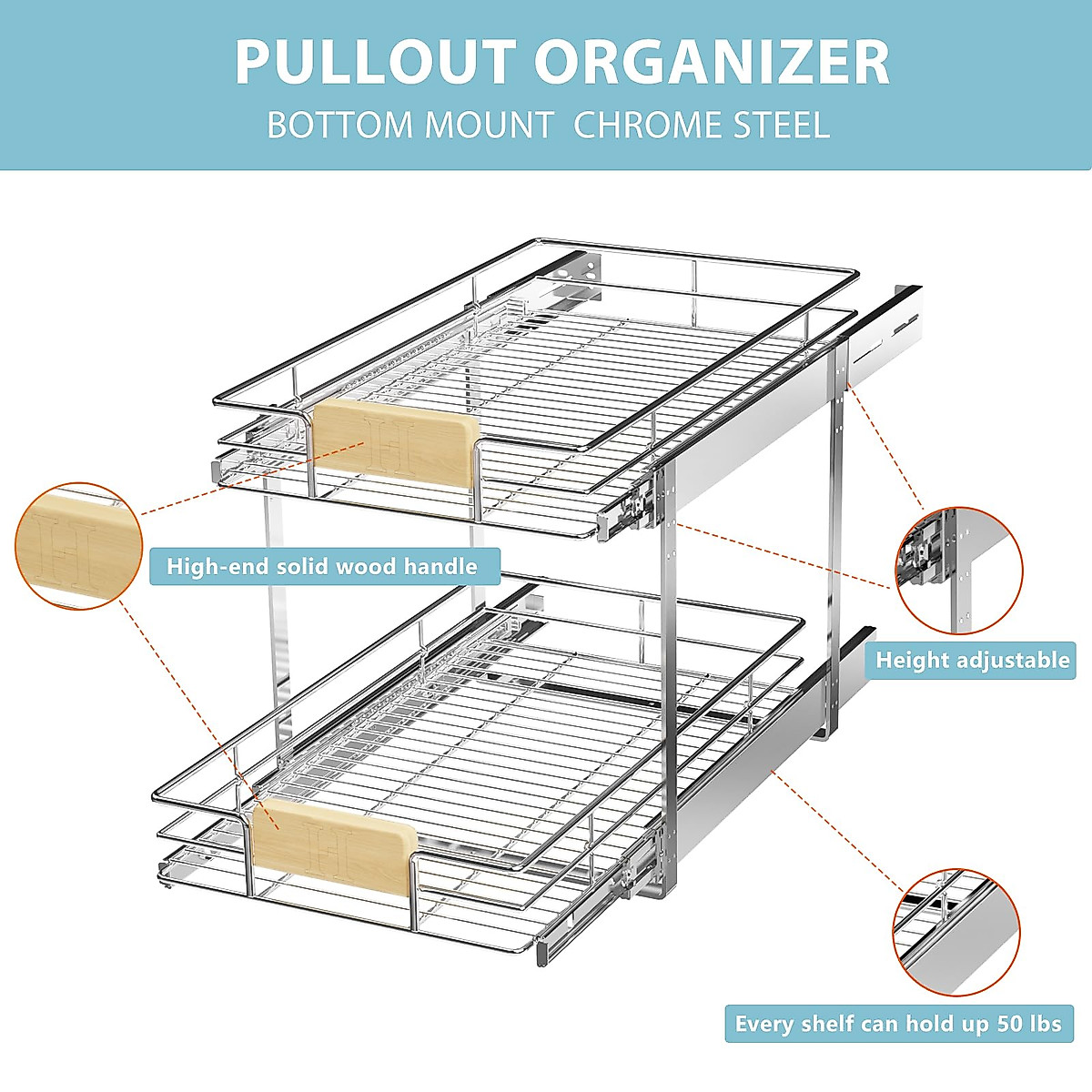 LOVMOR 2 Tier Pull Out Cabinet Organizer 7½" W x 21½" D, Slide Out Drawers with Wooden Handle, Sliding Shelves Organization and Storage for Kitchen, Pantry