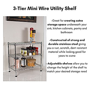 Internet's Best 3-Tier Mini Wire Utility Shelving - Chrome - Shelf - Adjustable Rack Unit - Kitchen Bathroom Pantry Laundry Storage - Under The Sink Organization - Organize Your Cabinets - SPI