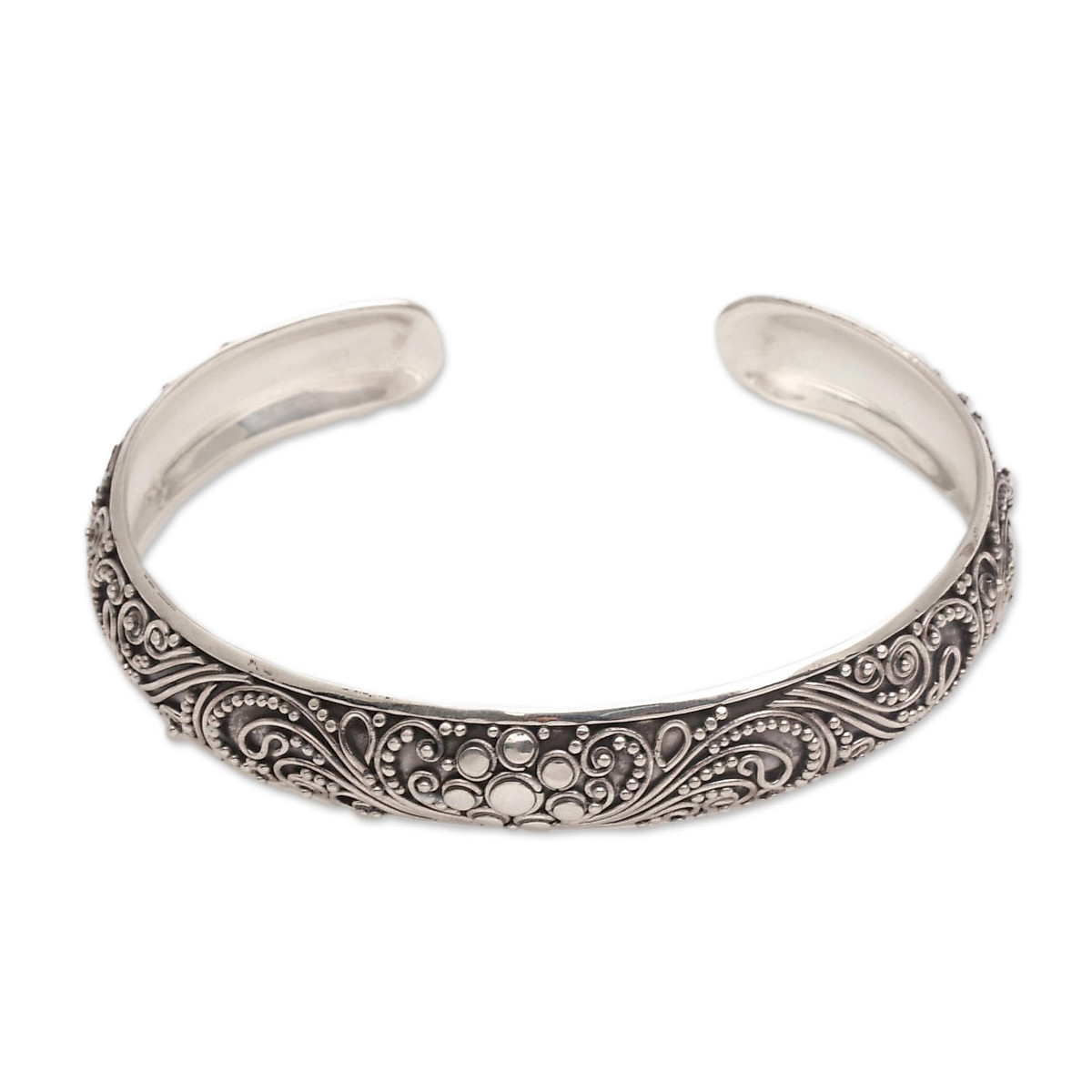 NOVICA Artisan Handmade Sterling Silver Cuff Bracelet Swirl Motif from Bali No Stone Indonesia [6 in L (end to End) x 0.4 in W] ' Shrine Swirls'