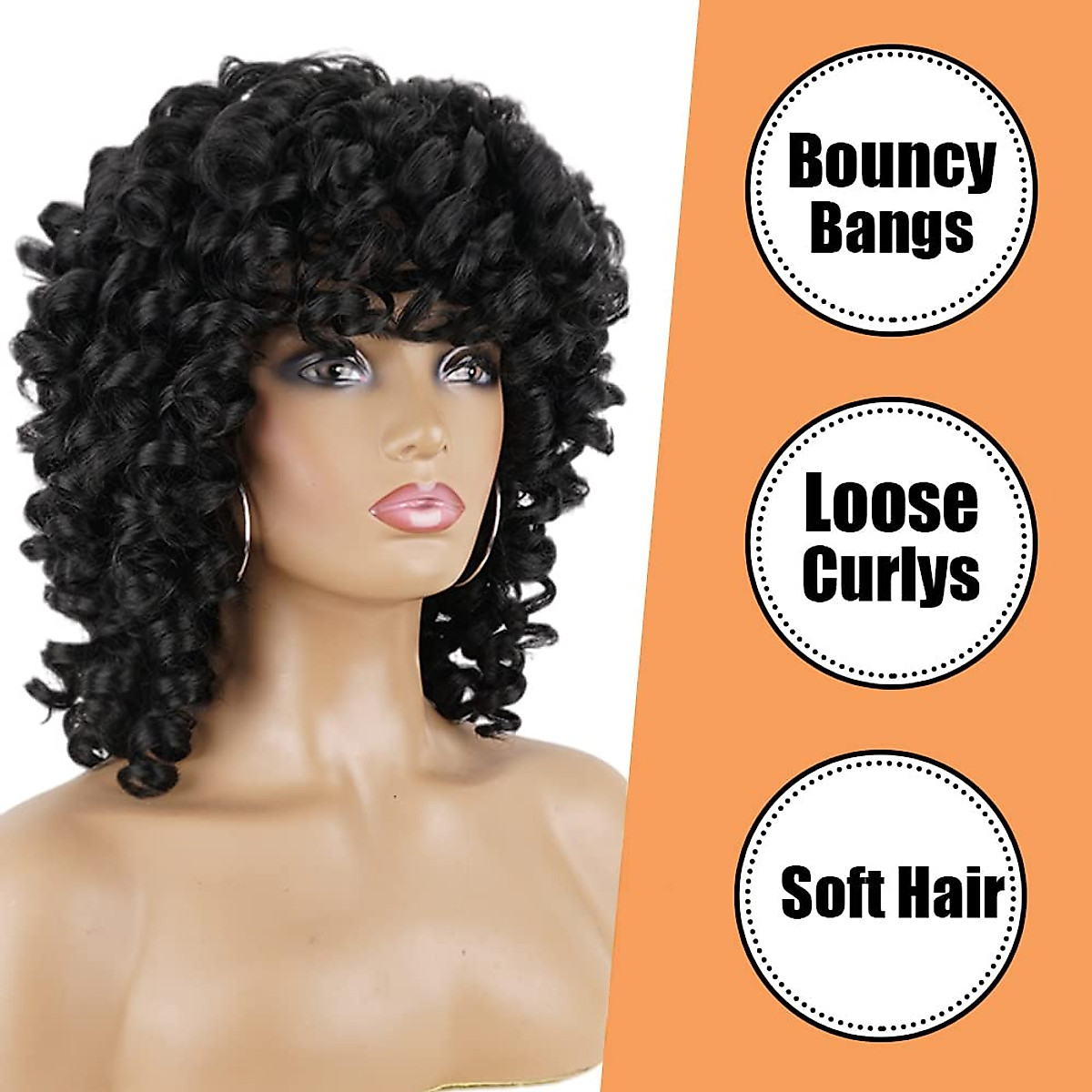 PHOENIXFLY Black Curly Wigs for Black Women Short Curly Wigs for Women Curly Synthetic Hair Heat Resistant Hair Replacement with Wig Caps (Black)