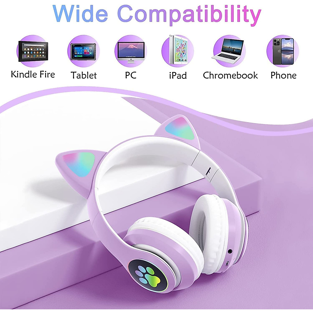 KERHAND Bluetooth Headphones for Kids, Cute Ear Cat Ear LED Light Up Foldable Headphones Stereo Over Ear with Microphone/TF Card Wireless Headphone for iPhone/iPad/Smartphone/Laptop/PC/TV (Purple)