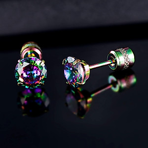 Titanium Screw Flat Back Pack of Earrings Rainbow Cubic Zirconia Simulated Diamond Stud for Women Men 18K Gold Plated Surgical Stainless Steel Helix Piercing Hypoallergenic for Sensitive Ears 20G