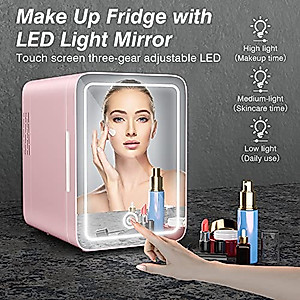 Easy-Take Skincare Fridge - Mini Fridge with Dimmable LED Mirror (4 Liter/6 Can), Cooler and Warmer, for Refrigerating Makeup, Skincare and Food, Mini Fridge for Bedroom, Office and Car, Pink