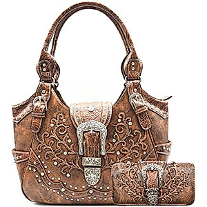 Western Style Tooled Leather Conceal Carry Purse Buckle Country Large Totes Handbag Women Shoulder Bag Wallet Set Brown