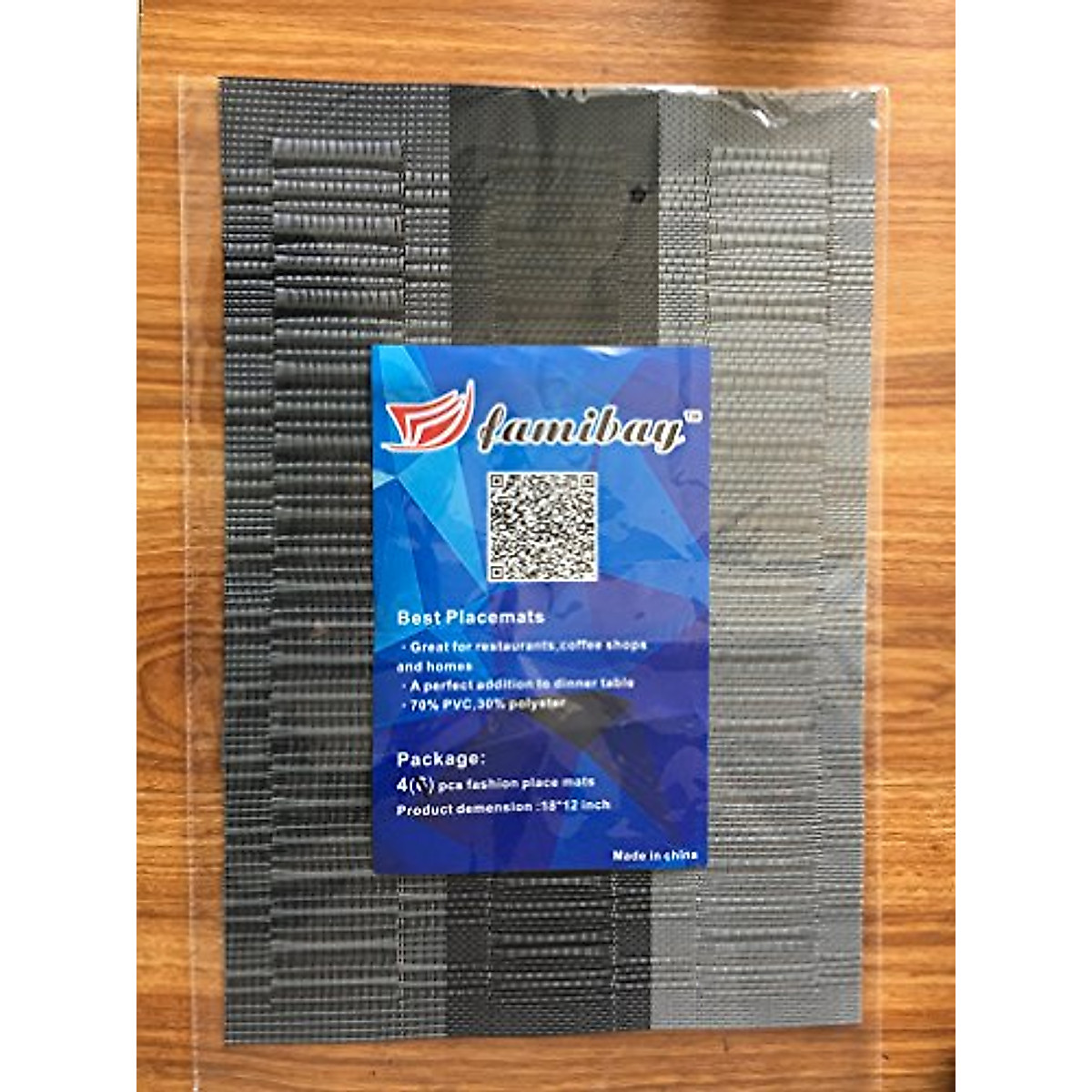 famibay Bamboo PVC Weave Placemats Non-Slip Kitchen Table Mats Set of 4-30x45 cm (Black and Grey)