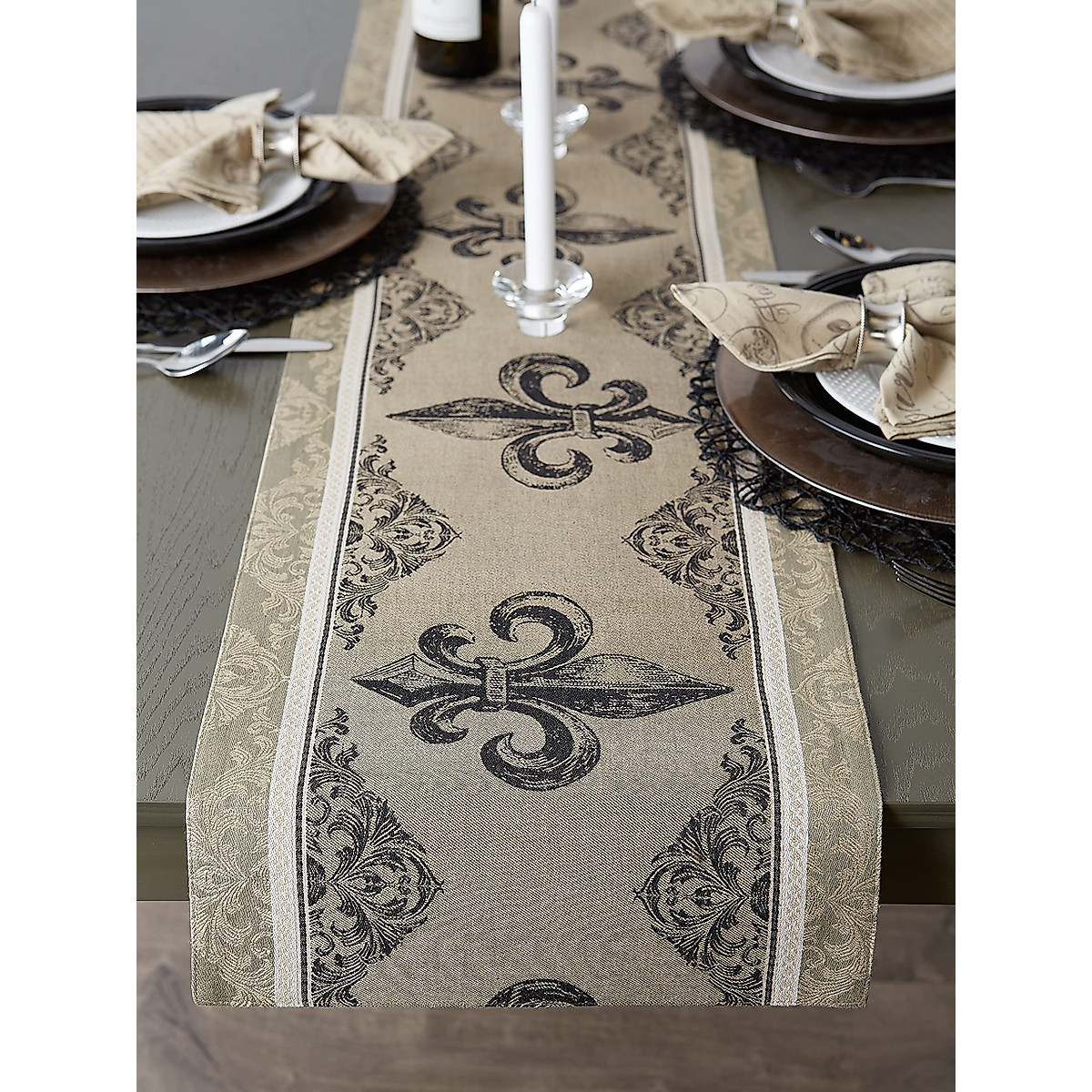 DII French Style Tabletop Kitchen Collection, Reversible Table Runner, 14x108, Fleur de Lis Stripe